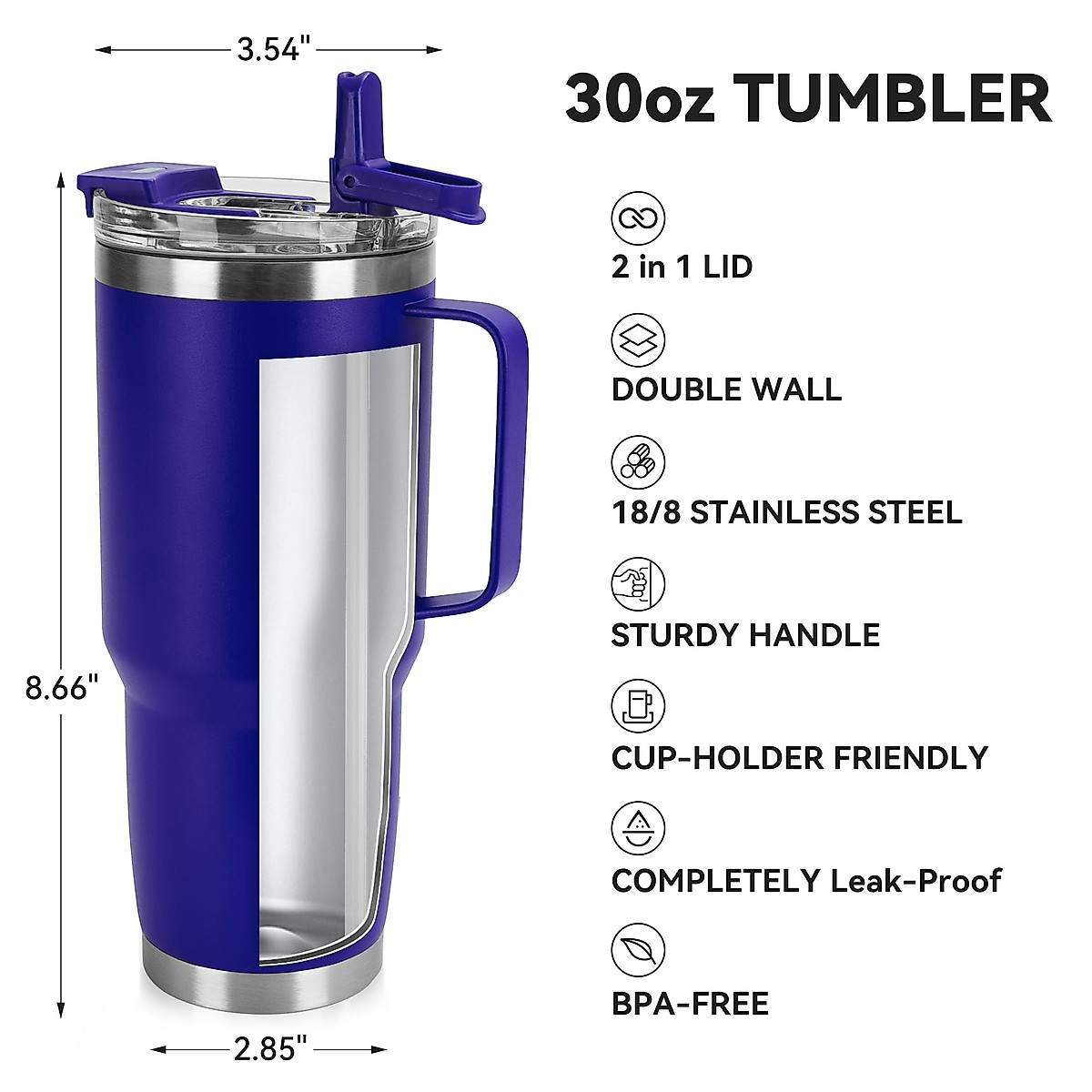 30oz Tumbler with Handle, Insulated Leak Proof Coffee Travel Mug with Straw Lid Double Wall Stainless Steel Vacuum Tumblers Metal Cup Keep Hot and Iced Drink for Gym, Office, Camping, Blue 1 Pack