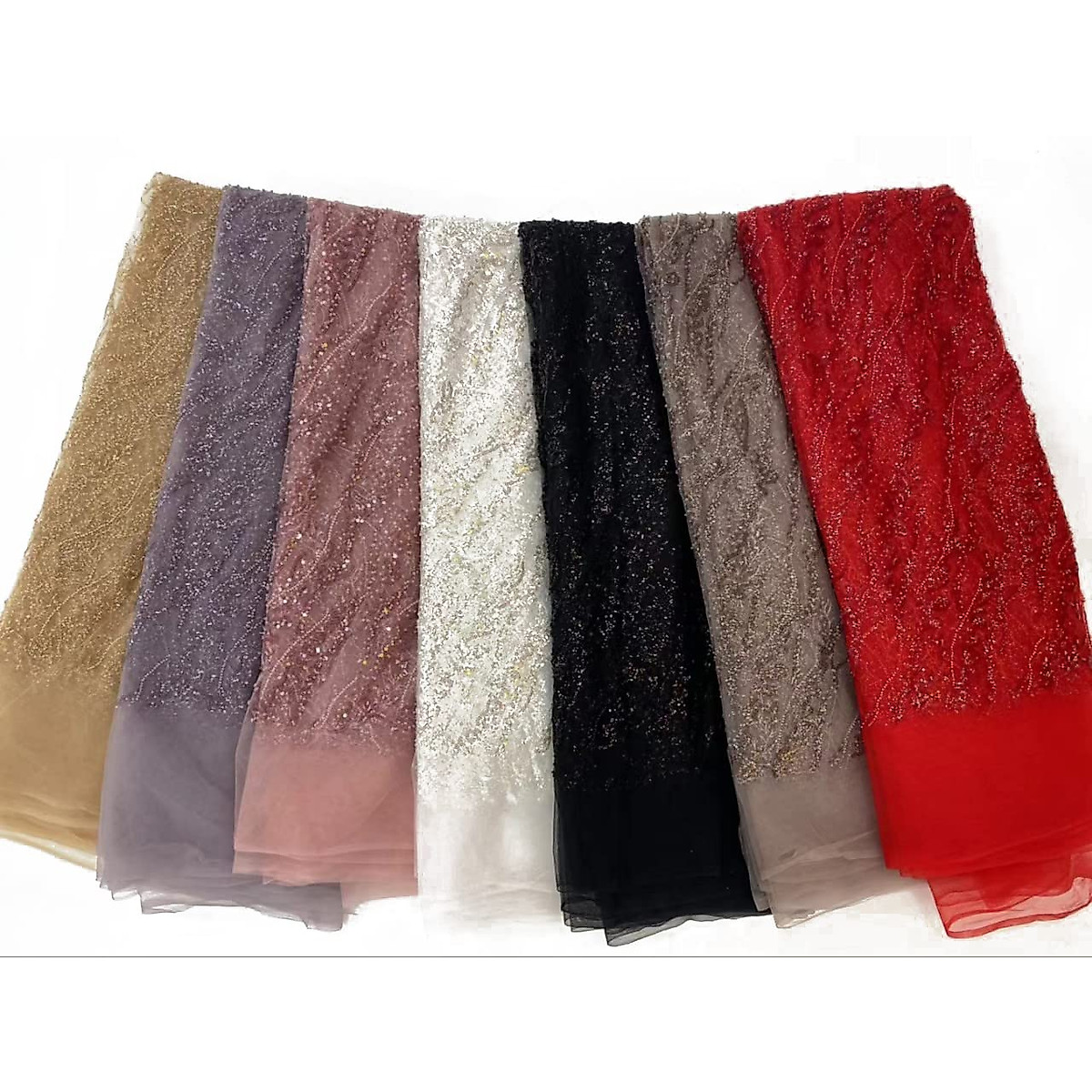 Tngan Embroidered Sequin African Lace Heavy Craft Beading Glitter Floral French Tulle Net Fabric for Trailing Dress, 5 Yards, Black