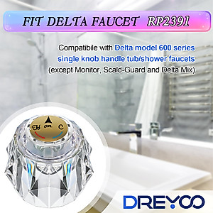 Dreyoo Faucet Handle Compatible with Delta Faucet RP2391, Single Clear Knob Handle Kit with Offset Hole for Shower/Tub, 2-1/2" x 2-1/8" Faucet Knob Replacement, Clear Acrylic Finish (1 Pack)