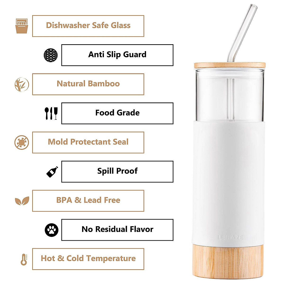 Premium 20oz Glass Tumbler Cup with Straw and Bamboo Lid & Base with Protective Silicone Sleeve - BPA Free - Growler Water Bottle Reusable Drinking Glasses Cup for Iced Tea, Coffee, Smoothie - White