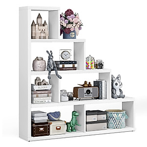 Tangkula 6 Cubes Bookshelf, Freestanding 6-Cube Stepped Etagere Bookcase, L Shaped Ladder Corner Open Bookshelf, Wood Storage Display Shelf for Living Room Home Office, 61 x 11.5 x 64 Inch (White)