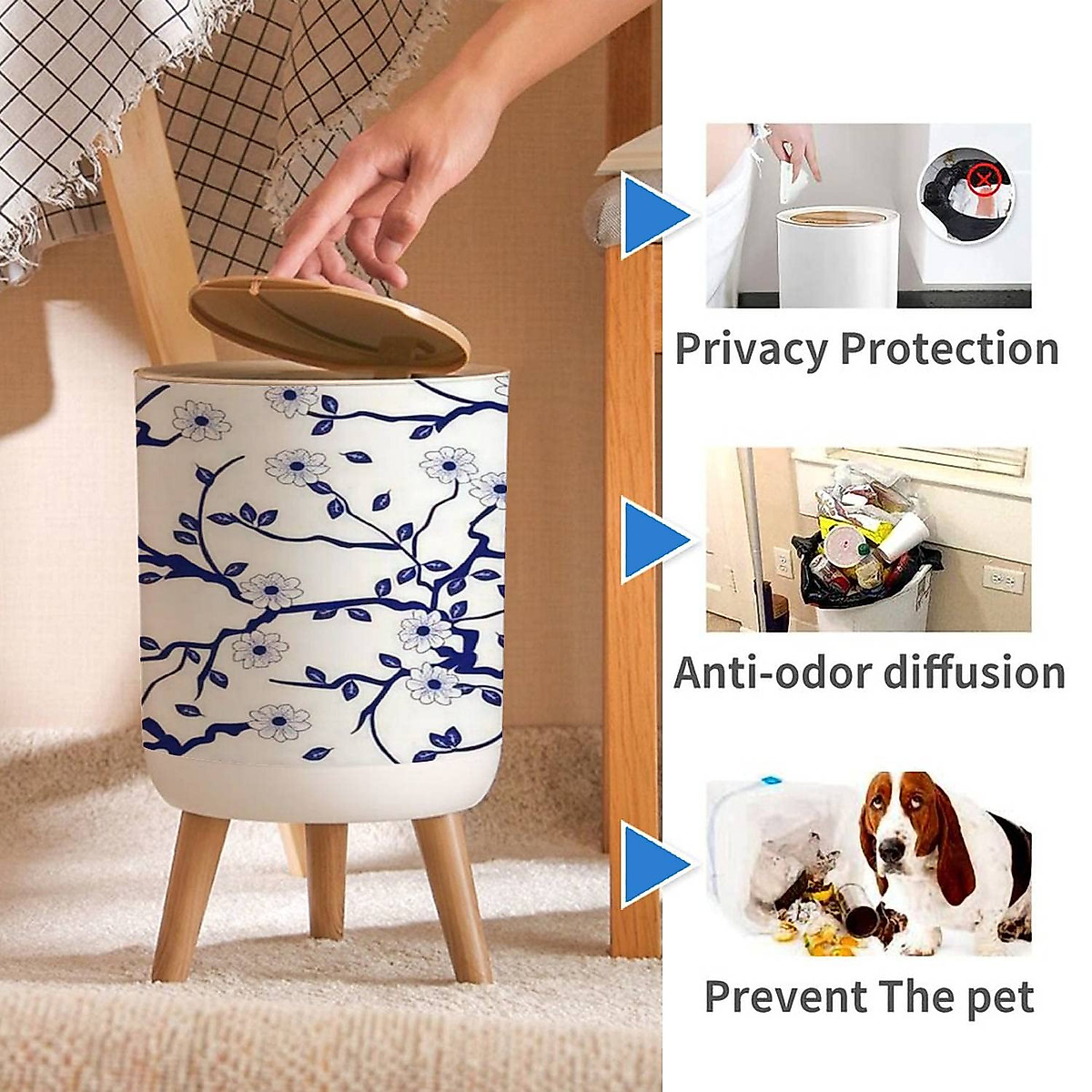 QOR88NJOG Oriental Floral Blue and White Ceramic Chinese Porcelain Painting Hand Trash Can with Lid Kitchen Bathroom Bedroom 1.8 Gallon Press Cover Wastebasket Office Wood Small Garbage Bin Waste Bin