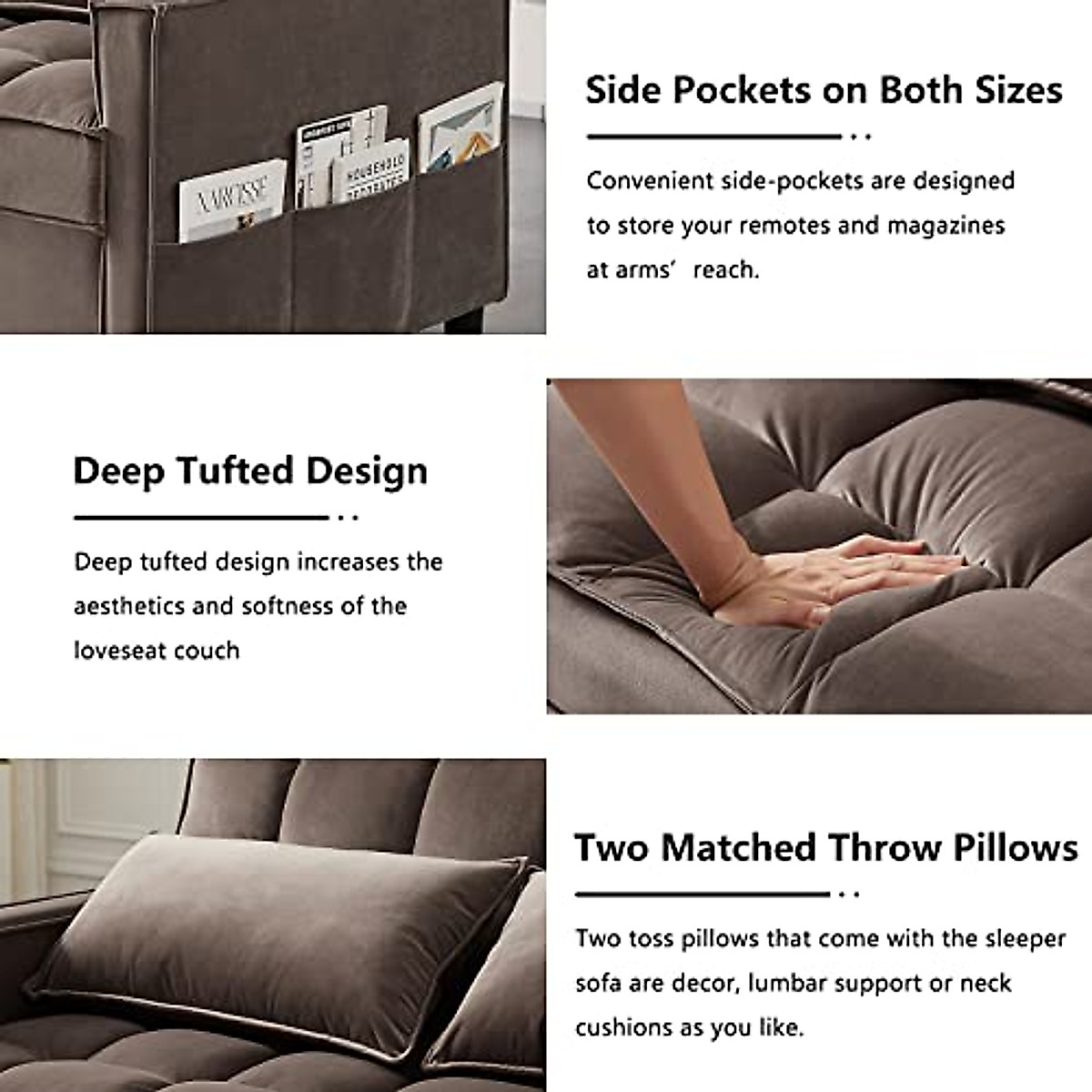 Aoowow 58 Inch Convertible Sleeper Sofa, Velvet Loveseat Sleeper Pull Out Sofa Bed Convertible Loveseat with Adjustable Backrest, 2 Pillows and Side Pockets for Living Room Small Spaces (Brown)