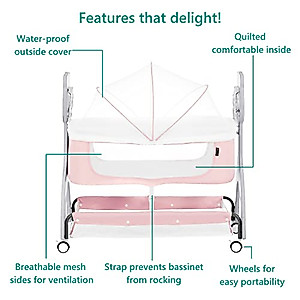 Dream on Me Cub Portable Bassinet in Pink, Multi-Use Baby Bassinet with Locking Wheels, Large Storage Basket, Mattress Pad Included, JPMA Certified