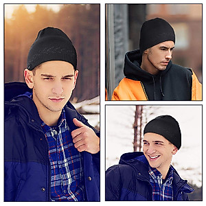 OMECHY Mens Winter Warm Knitting Hats Plain Skull Beanie Cuff Toboggan Knit Cap Black