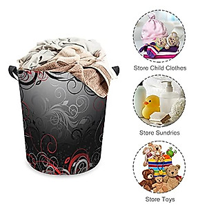 Oyihfvs Red Black Grey Floral Leaf Swirl Abstract Background Collapsible Waterproof Laundry Hamper with Handles, Tall Washing Storage Large Organizer Round Basket Bin for Toys Clothes