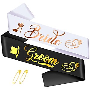 2 Pcs Bride and Groom Sash with Gold Foil, Bachelorette Party Sash, Bride and Groom to Be Sash for Bridal Shower Wedding Hen Party Decorations Engagement Gifts (White, Rose Gold & Black, Gold)