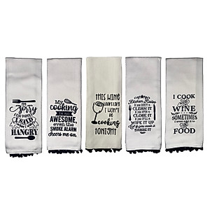 Set of 5, 100% Cotton Funny Cute Saying Pom Pom Design Flour Sack Kitchen Towels/Dish Towels for Wedding, Baby Shower, Home Decor, Housewarming, Other Occasions Size: 16 X 28 Inch.