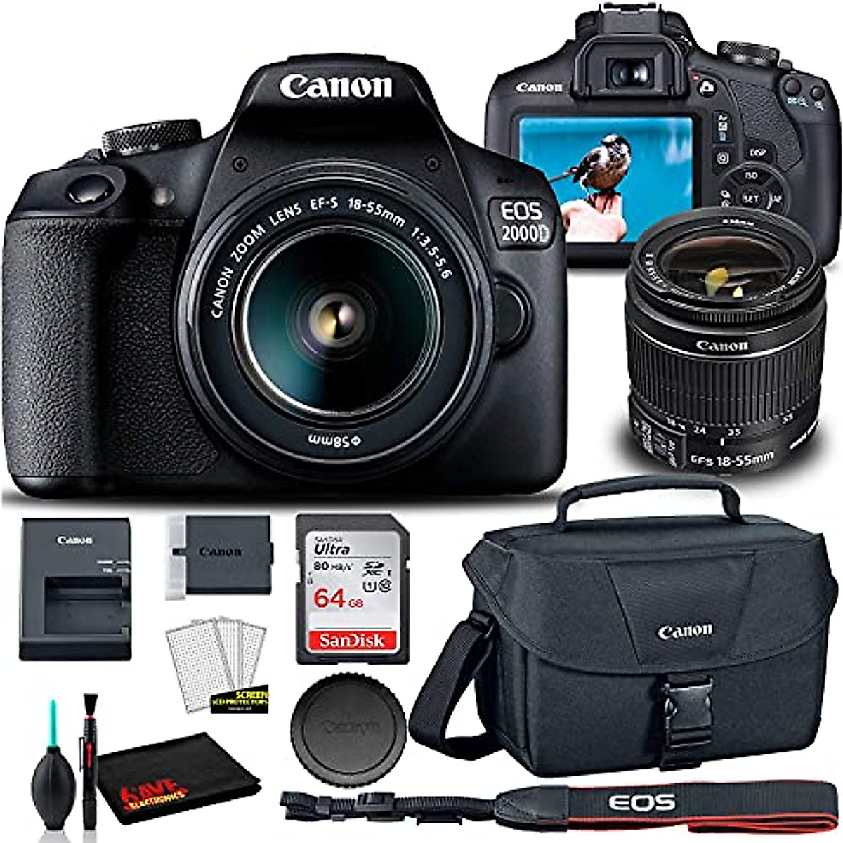 Canon EOS 2000D DSLR Camera with 18-55mm Lens + EOS Bag + Sandisk Ultra 64GB Card + Cleaning Set and More (International Model) (Renewed)