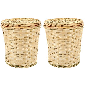 Hemoton 2pcs Small Woven Basket with Lid Rattan Trash Can Wastebasket Wicker Round Trash Bin Woven Storage Basket Decorative Egg Basket Laundry Hamper Flower Pots Planter Holder