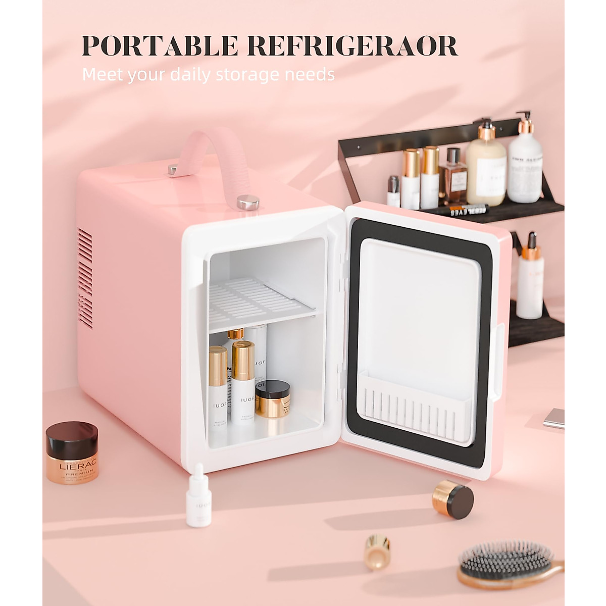 BOGDA 4L Mini Skincare Fridge with Dimmable LED Light Mirror, Cooler and Warmer Temperature Control Digital Display, Portable Cosmetic Refrigerator for Makeup, Skin Care, Bedroom Office Car, Pink