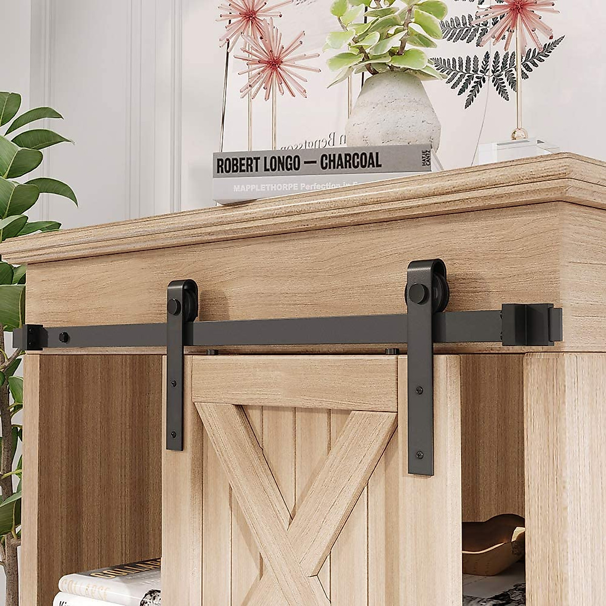 ZEKOO 2.5FT Super Mini Sliding Barn Door Hardware Kit for Single Door Cabinet, Small Barn Door Hardware Track Kit for TV Stand, Cupboards, Storage Cabinets, Wardrobes, J Shape Hanger (No Cabinet)