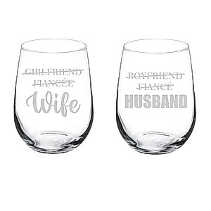 MIP Set of 2 Wine Glass Goblet Gift Girlfriend Fiancee Wife Boyfriend Fiance Husband Husband And Wife Wedding For Couple Bride And Groom (17 oz Stemless)