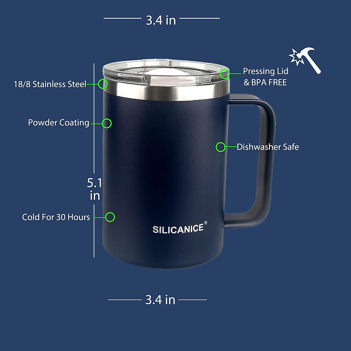 SILICANICE 14 oz Stainless Steel Vacuum Insulated Tumbler with handle & MacSlider Lid, Dishwasher Safe & Spill Proof Coffee Cup, Travel Mug for Hot/Cold Drinks, Durable Design - Navy