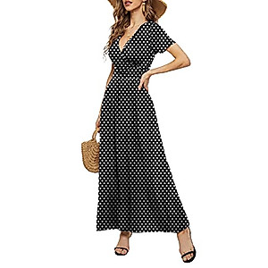LILBETTER Women's Long Summer Dress Floral Maxi Short Sleeve Dresses with Pockets(F Black Polka Dot,X-Large)