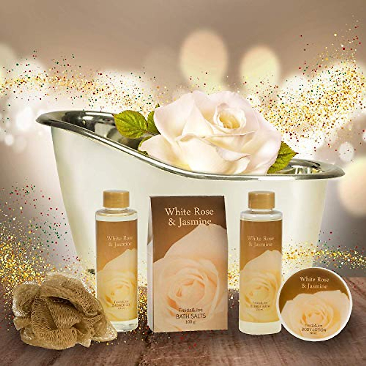 White Rose Jasmine Spa Set For Women Displayed in Elegant Gold Tub Includes Shower Gel, Bubble Bath, Body Lotion, Jasmine Bath Salt and Pouf, Award Winning Bath and Body Set