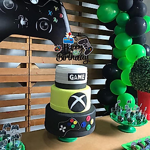 1 PCS Video Game Happy Birthday Cake Topper Glitter Video Game Cake Pick Game On Controllers GamePad Cake Decoration for Game Theme Baby Shower Kids Boys Girls Birthday Party Supplies Black