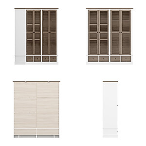 ECACAD 4 Doors Wardrobe Armoire with Louver Doors, Storage Shelves, 4 Drawers & Hanging Rod, Wooden Closet Storage Cabinet for Bedroom, Brown & White (63”W x 19.7”D x 74.8”H)
