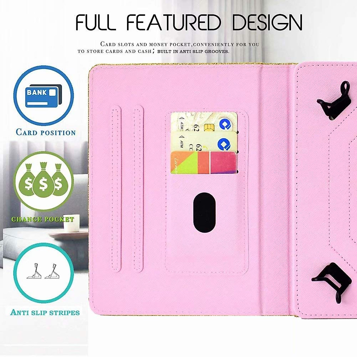 Universal 8.0" Tablet Case, AMOTIE Wallet Stand Cover Shockproof Case for iPad Mini 1 2 3 4 5/ Galaxy Tab E 8.0/ Tab A 8.0/ Fire HD 8 and More 7.5-8.5 inch Tablet， Pink Unicorn