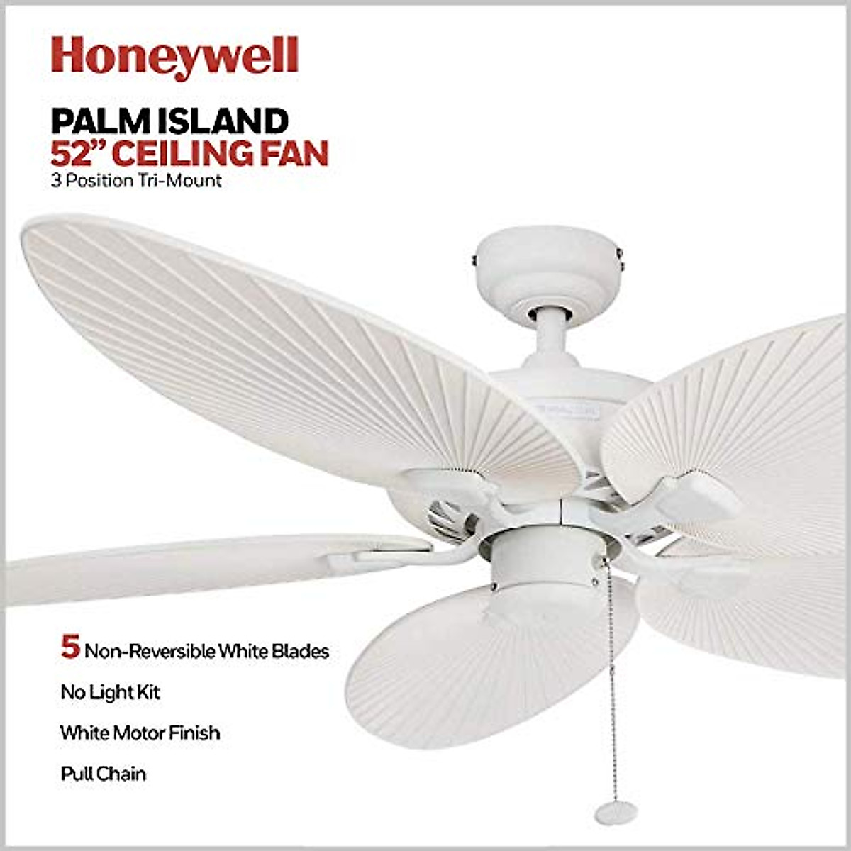 Honeywell Ceiling Fans Palm Island Tropical 52 Inch Ceiling Fan, Outdoor Ceiling Fan with Pull Chain, Tri-Mount 5 Palm Leaf Blade Design, ETL Wet Rated, White (50200-01)