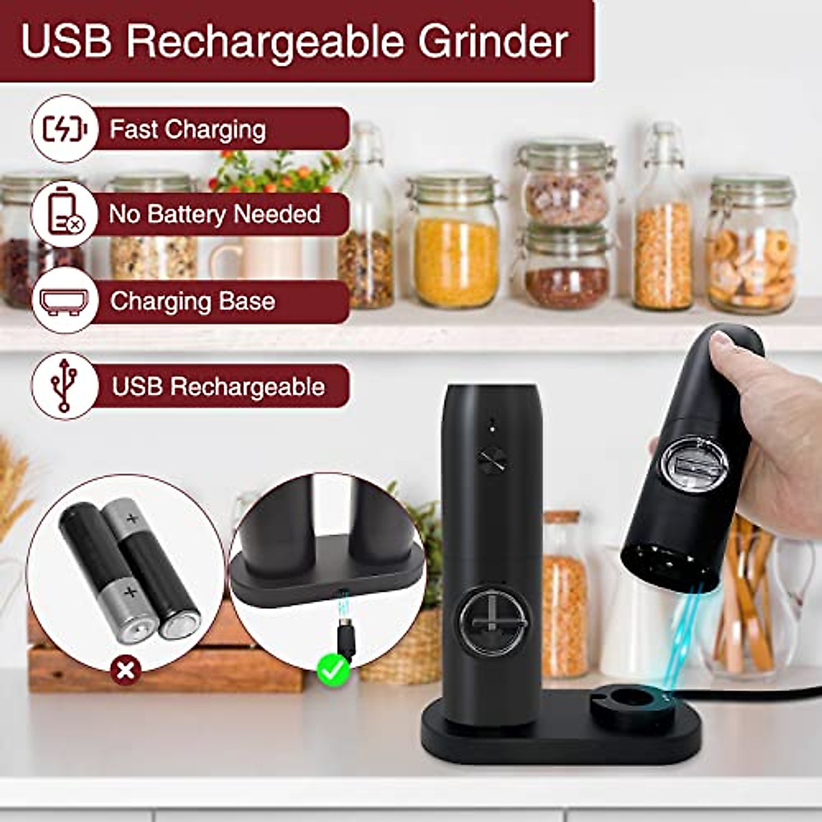 Electric Salt and Pepper Grinder Set - USB Rechargeable,LED Light,Adjustable Coarseness,TEITOP Automatic Pepper and Salt Mill Grinder Set with Charging Base(Black 2 Mills)
