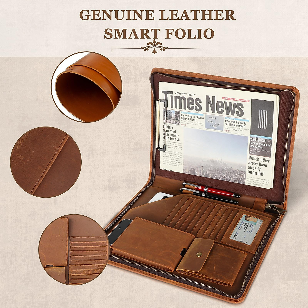 Full Grain Leather Portfolio Binder, Padfolio Business Resume Legal Pad Notebook Binder for A4/Pad, Folio Leather Folder, Tablet Padfolio for iPad, Portfolio Organizer with Zipper for Women/Men