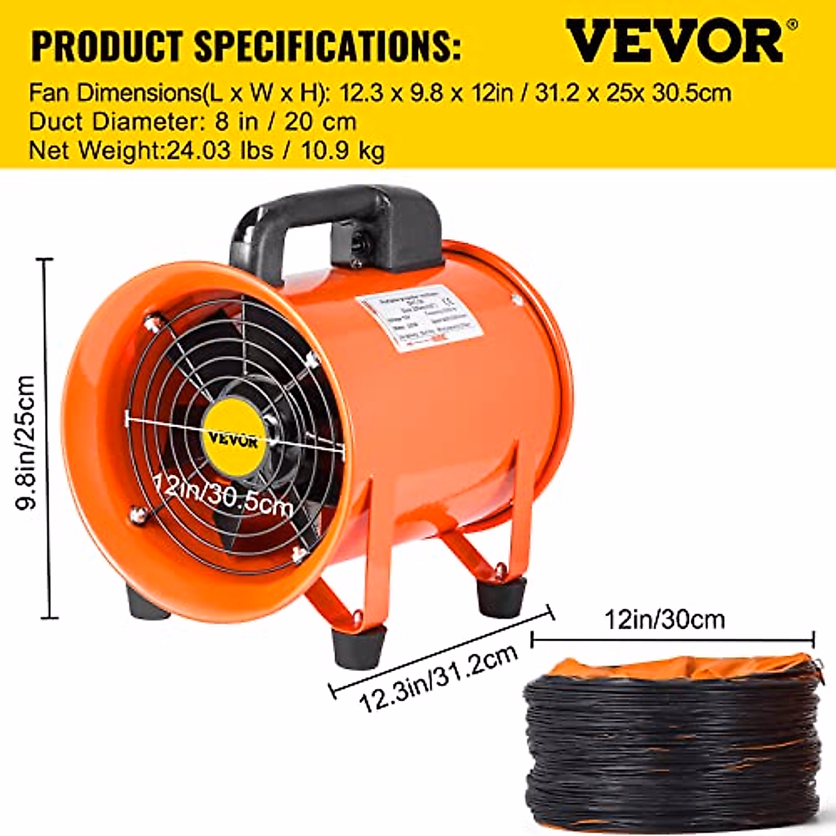 OrangeA Utility Blower Fan, 8 Inches, 230W 882 CFM High Velocity Ventilator w/ 32.8 ft/10 m Duct Hose, Portable Ventilation Fan, Fume Extractor for Exhausting & Ventilating at Home and Job Site