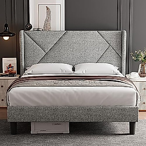 iPormis Queen Size Platform Bed Frame with Headboard, Upholstered Bed Frame with Solid Wood Slats, 8" Storage Space, No Box Spring Needed, Easy Assembly, Light Grey