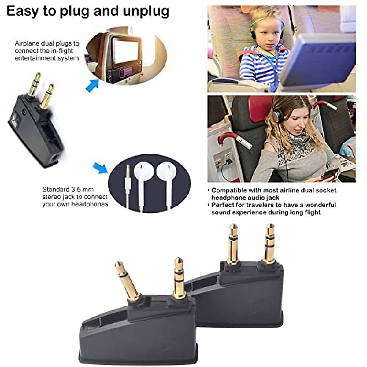 Airline Airplane Flight Headphone Adapter Converter Compatible with Bose QC3 QC15 QC20 QC25 QC35 AE2 AE2W Noise Cancelling Headphones (2pcs)