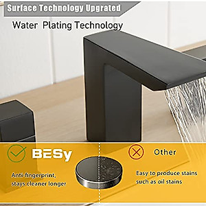 BESy Matte Black Bathroom Faucet 3 Holes Two Handles Lavatory Vanity Sink Faucet Widespread 8 Inch Bathroom Sink Faucet, Waterfall Bathroom Sink Faucet with Supply Hoses, Stainless Steel Faucet