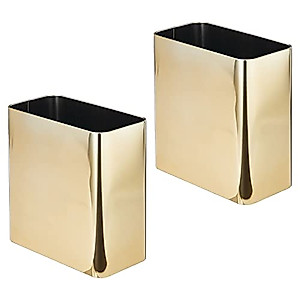 mDesign Stainless Steel Slim Rectangular Metal 2.6 Gallon/10 Liter Trash Can Wastebasket, Garbage Container Bin for Bathroom, Bedroom, Kitchen, Home Office; Hold Waste, Recycling - 2 Pack - Soft Brass