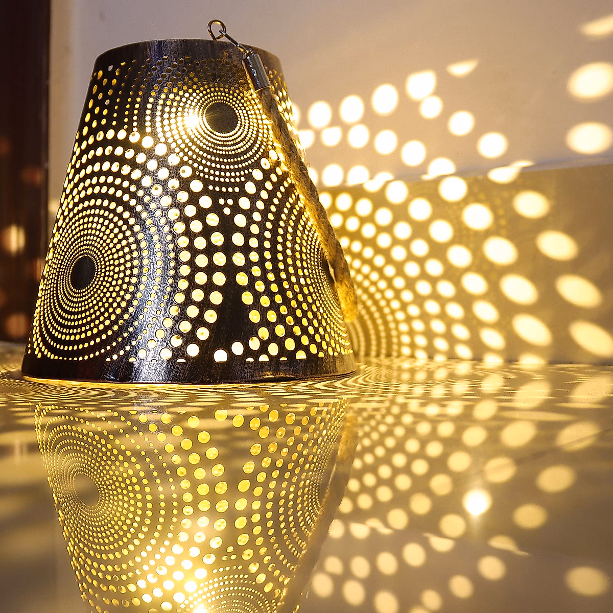 Large Outdoor Hanging Solar Lantern, Waterproof Garden Patio LED Solar Light, Dot Hollowed-Out Design Retro Landscape Metal Decorative Lanterns for Tree, Table, Floor, Yard Decor (1 Pack, Bronze)