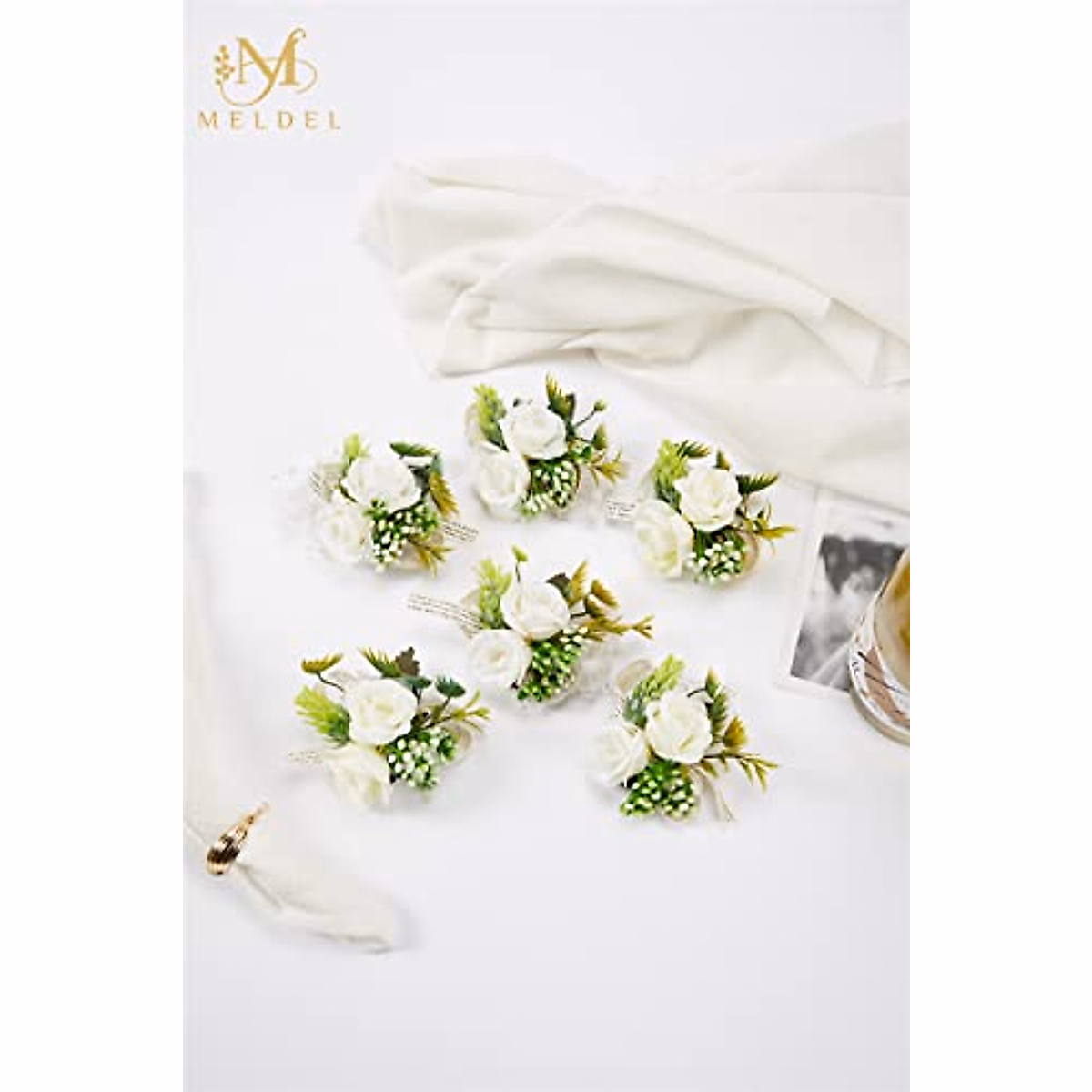 Meldel Ivory Rose Wrist Corsage Wristlet Band for Girls Women Bride Bridesmaid, Set of 6, White Hand Flower Wedding Artificial Flowers Accessories for Prom Party