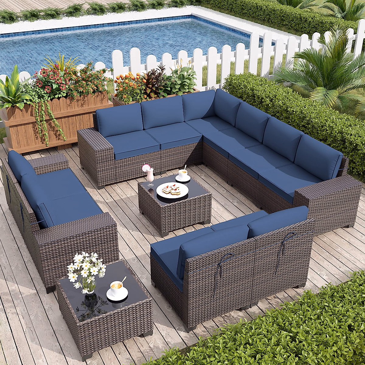 Delnavik Patio Furniture Set Sofa 12-Pieces Wicker Sectional Sofa Set, Outdoor Furniture Rattan Patio Conversation Set with Thickened Cushions and Glass Coffee Table, Navy Blue