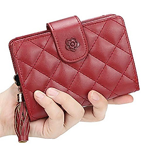 Women Bifold Leather Wallet Nlocking Ladies With Card Holder Window Coin Purse (Red)