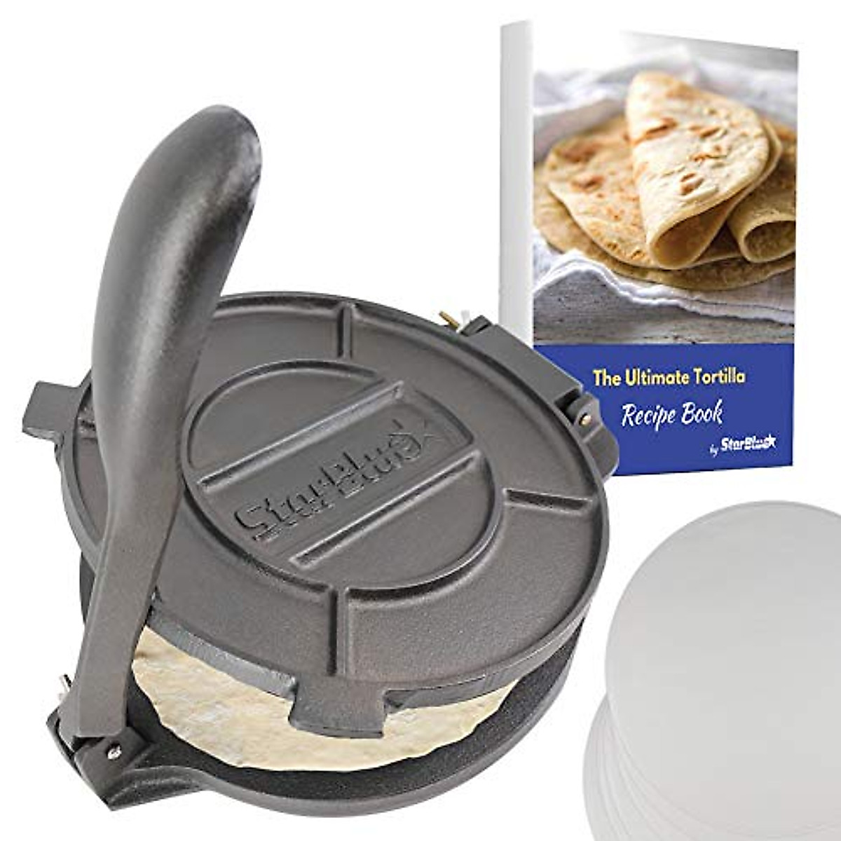 10 Inch Cast Iron Tortilla Press by StarBlue with FREE 100 Pieces Oil Paper and Recipes e-book - Tool to make Indian style Chapati, Flour Tortilla, Roti