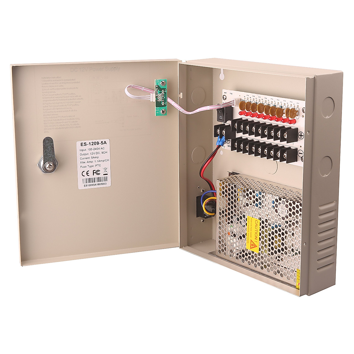 EVERSECU 9 Channel DC12V 5 Amp PTC Fuse CCTV Power Supply with Metal Box, AC Plug and Lock for Security Cameras, DVRs, IP Cameras, CCTV Cameras