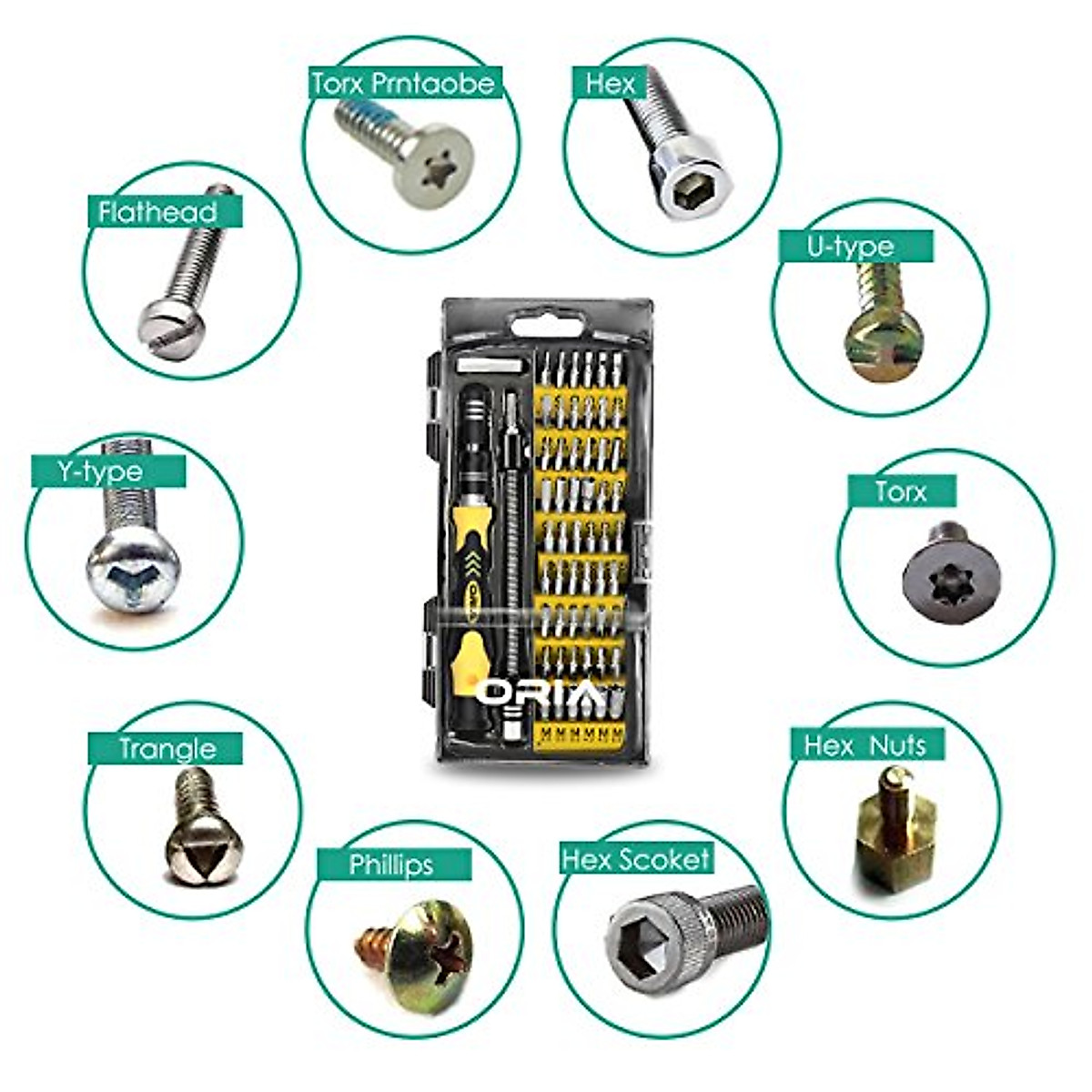 ORIA Precision Screwdriver Kit, 60 in 1 with 56 Bits Screwdriver Set, Magnetic Driver Kit with Flexible Shaft, Extension Rod for Mobile Phone, Smartphone, Game Console, Tablet, PC, Yellow