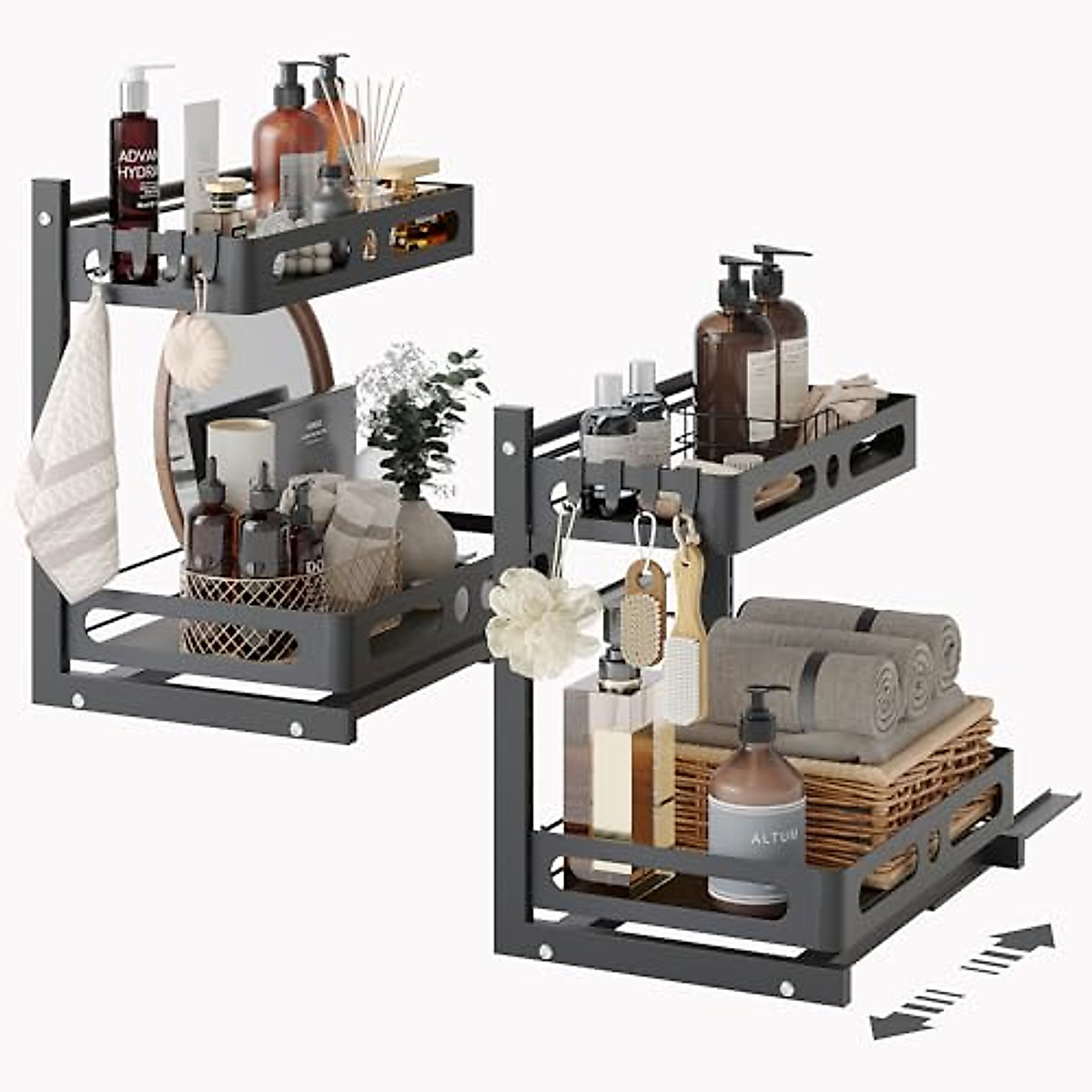 NETEL Under Sink Organizers and Storage, 2 Pack Metal Pull Out Under Cabinet Organizer with 4 Hooks,Kitchen Cupboard Organizer Shelf, Sliding Drawers for Bathroom