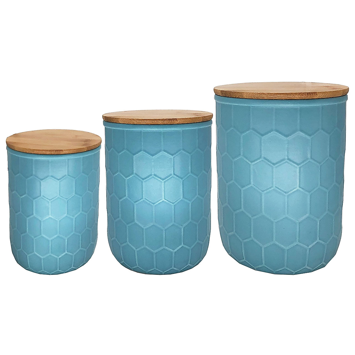 First of a Kind Kitchen Canisters - Blue Stoneware Canisters with Bamboo Lids, Set of 3 Storage Canister Container Set - Honeycomb Design, Ceramic Food Canister Jars for Tea, Sugar & Flour Storage