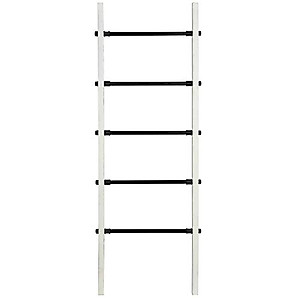 MyGift 5-ft Vintage White Wood Leaning Quilt and Blanket Ladder with Metal Pipe Rungs, Bathroom Towel Storage Rack with 5 Hanging Bars