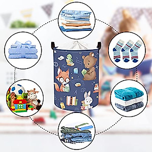 Clastyle 45L Lovely Animals Books Fox Turtle Bear Kids Laundry Hamper Rabbit Deer Koala Blue Round Toy Clothes Storage Basket for Children Room, 14.2x17.7 in