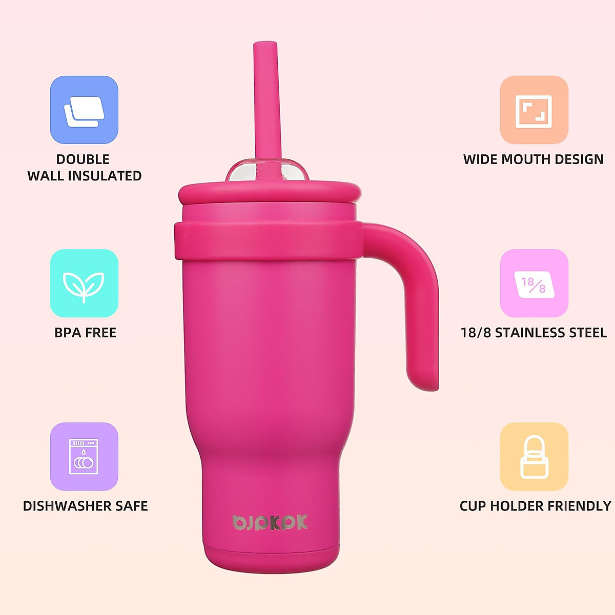 BJPKPK 18 OZ Insulated Travel Tumbler with Handle and Straw, Stainless Steel Water Bottle, Double Wall Vacuum Insulated Mug, for Work, Car, Travel, Rose Red