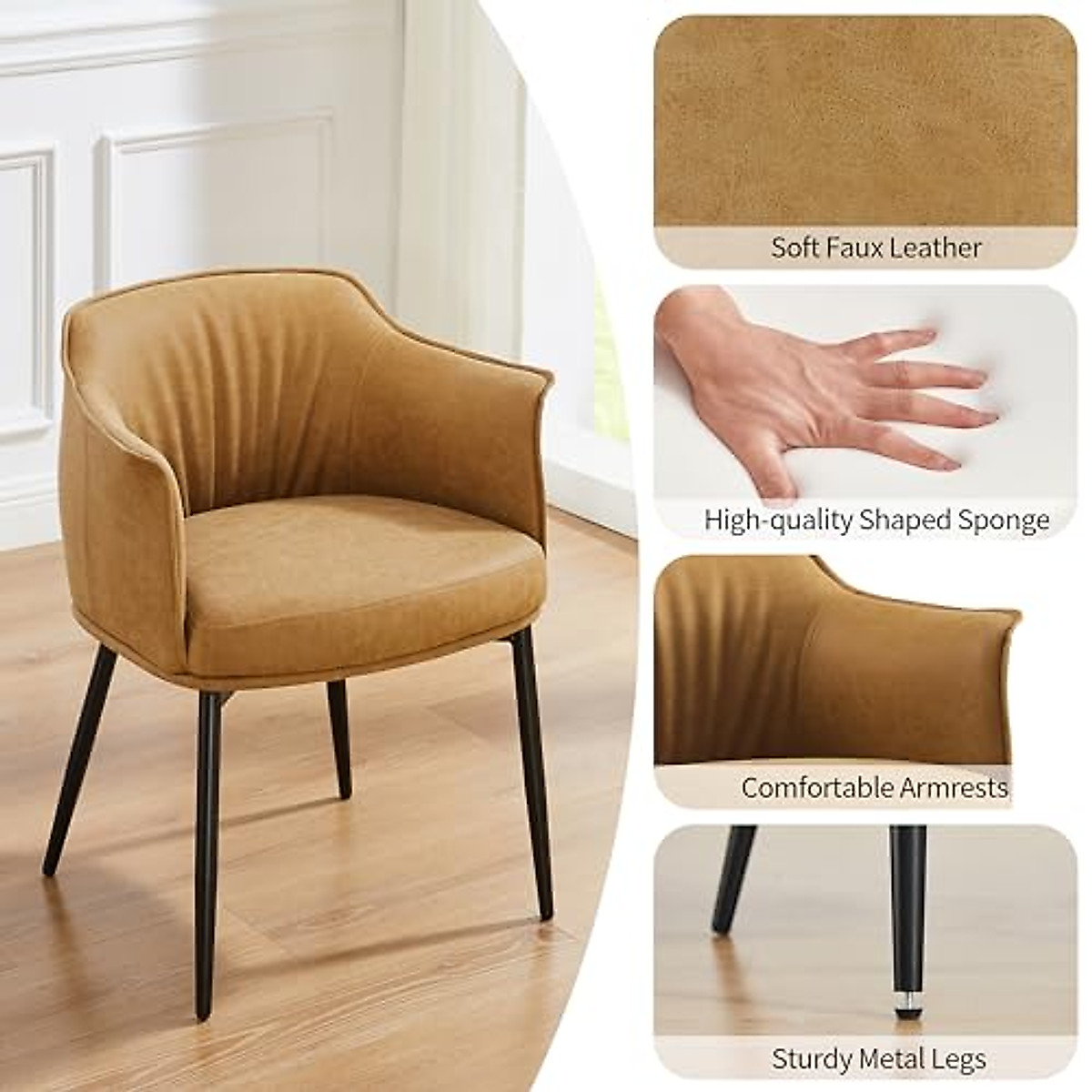 Art Leon Faux Leather Accent Chair, Mid Century Modern Arm Chair, Upholstered Living Room Chair with Metal Legs for Kitchen Bedroom Office, Light Brown