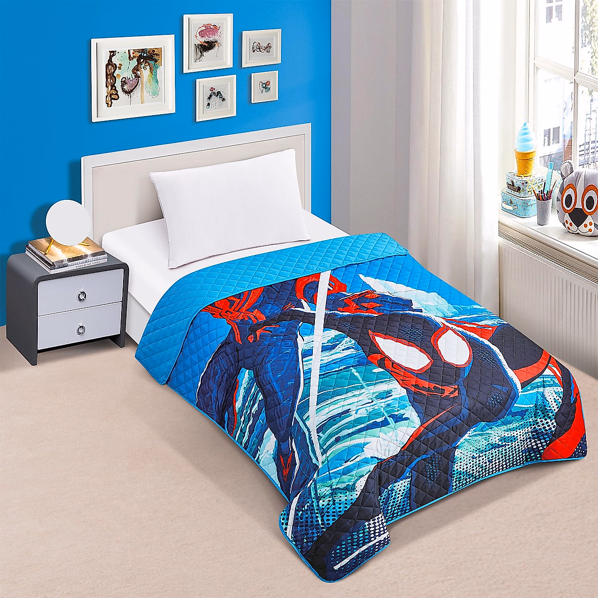 Miles Morales Bedspread Twin Set for Kids - Bundle with Spiderman Quilted Bedspread for Twin Bed Plus Stickers, More | Miles Morales Twin Bedding Set for Boys
