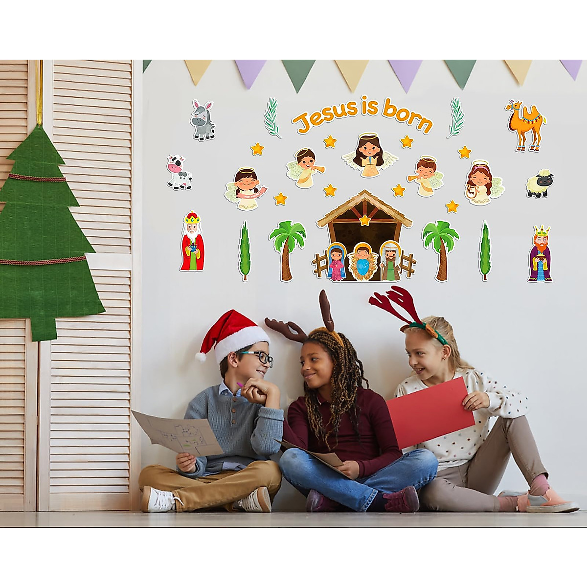 WaaHome Jesus is Born Christian Bulletin Board Decorations Set 38pcs Religious Nativity Scene Cutouts Birth of Jesus Bulletin Board Borders for Kids Christmas Sunday School Classroom Decorations
