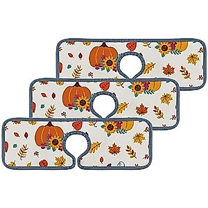 Kitchen Faucet Mat Splash Guard 3 Pieces Autumn Orange Pumpkins Sunflowers Absorbent Faucet Sink for Bathroom Counter,Faucet Counter Water Stains Preventer Drip Catcher