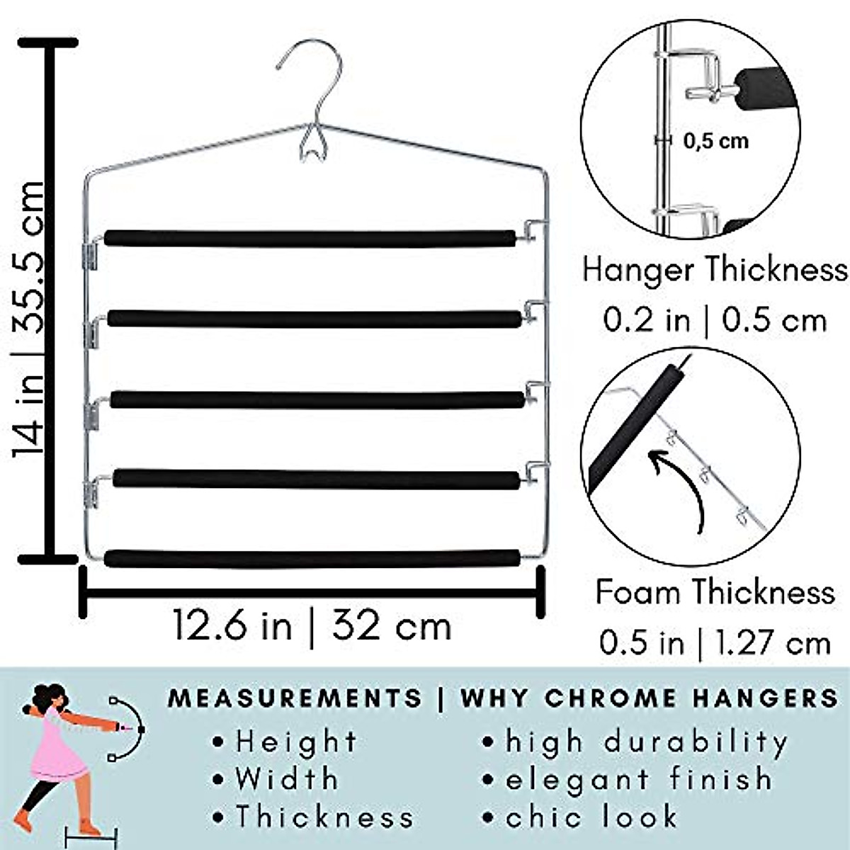 Closet Spice - 2 Pack - Strong & Durable Anti-Rust Chrome 5 Tier Pant Hangers, Non Slip, Black Foam Padded, Slim & Space Saving, Multi Swing Design for Easy-Slide Pant, Jeans, Slacks, Towels, Sheets