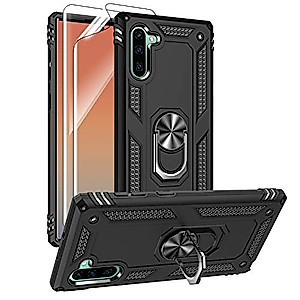 Samsung Galaxy Note 10 Case, Note10 Case with HD Screen Protectors, Androgate Military-Grade Metal Ring Holder Kickstand 15ft Drop Tested Shockproof Cover Case for Samsung Note 10 (2019) Black