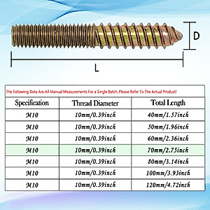 10pcs M10X70mm Double Ended Screws,Dowel Screw for Connecting Wood Wth M10 Hanger Bolt Driver